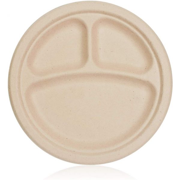 Miibox 100% Compostable Three Compartment Food Plate, Size 9 in, Round